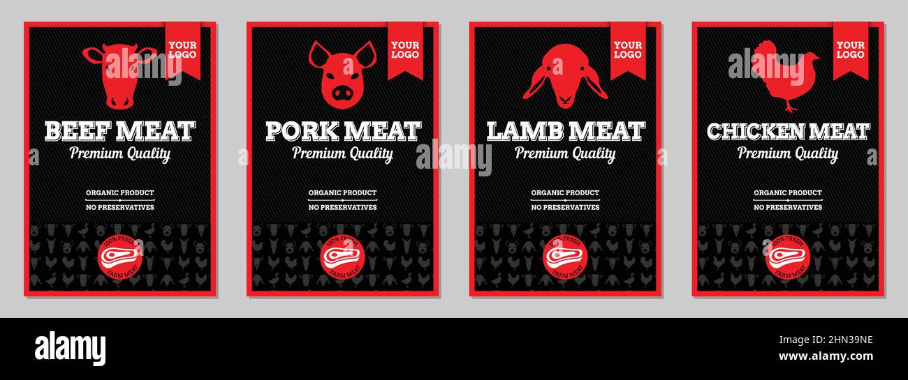 Beef, Pork, Lamb and Chicken Meat Packaging Label Design Stock Vector ...