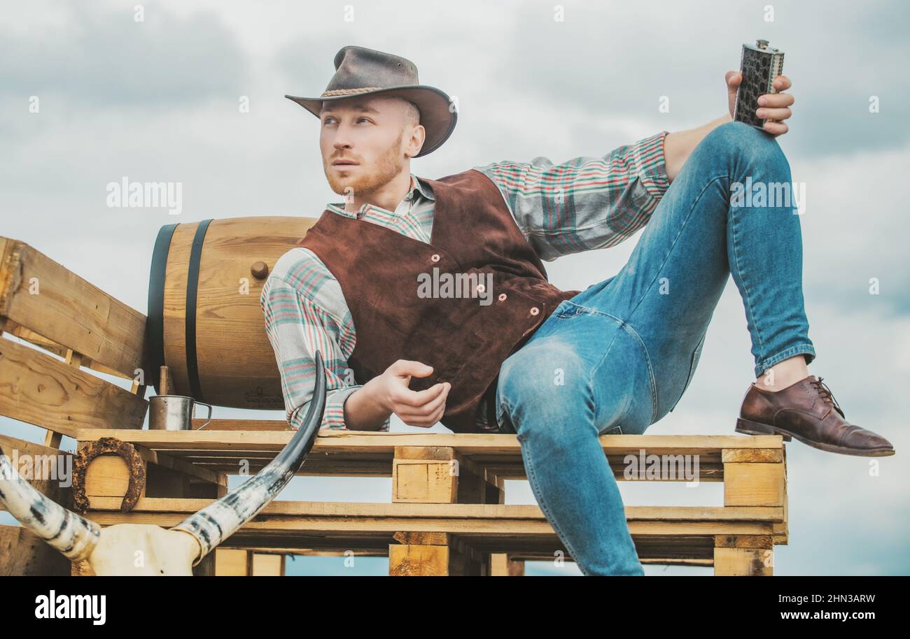 Cowboy wearing hat. Western life. Handsome bearded west farmer ...