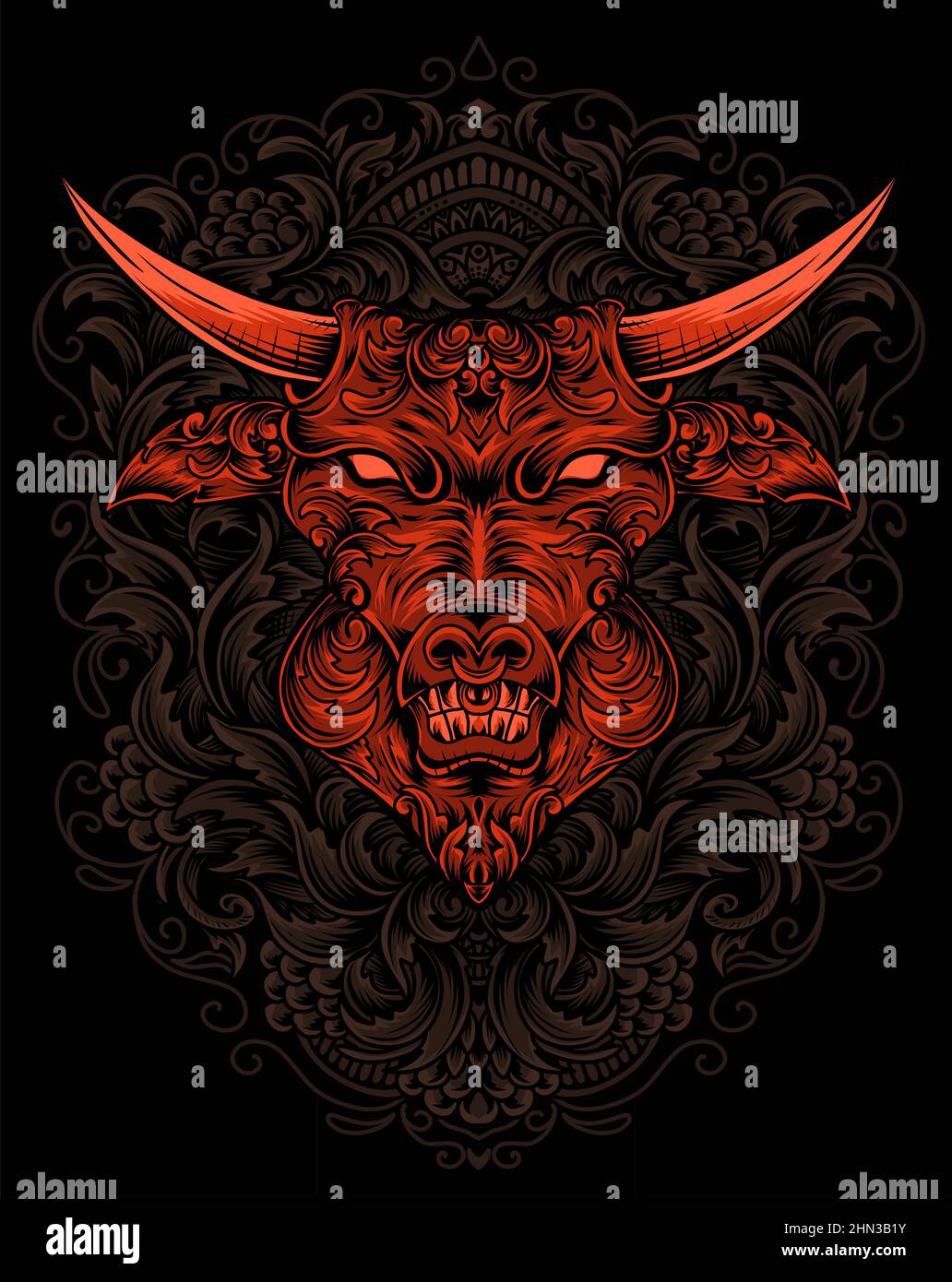 illustration bull head with vintage engraving ornament style Stock ...