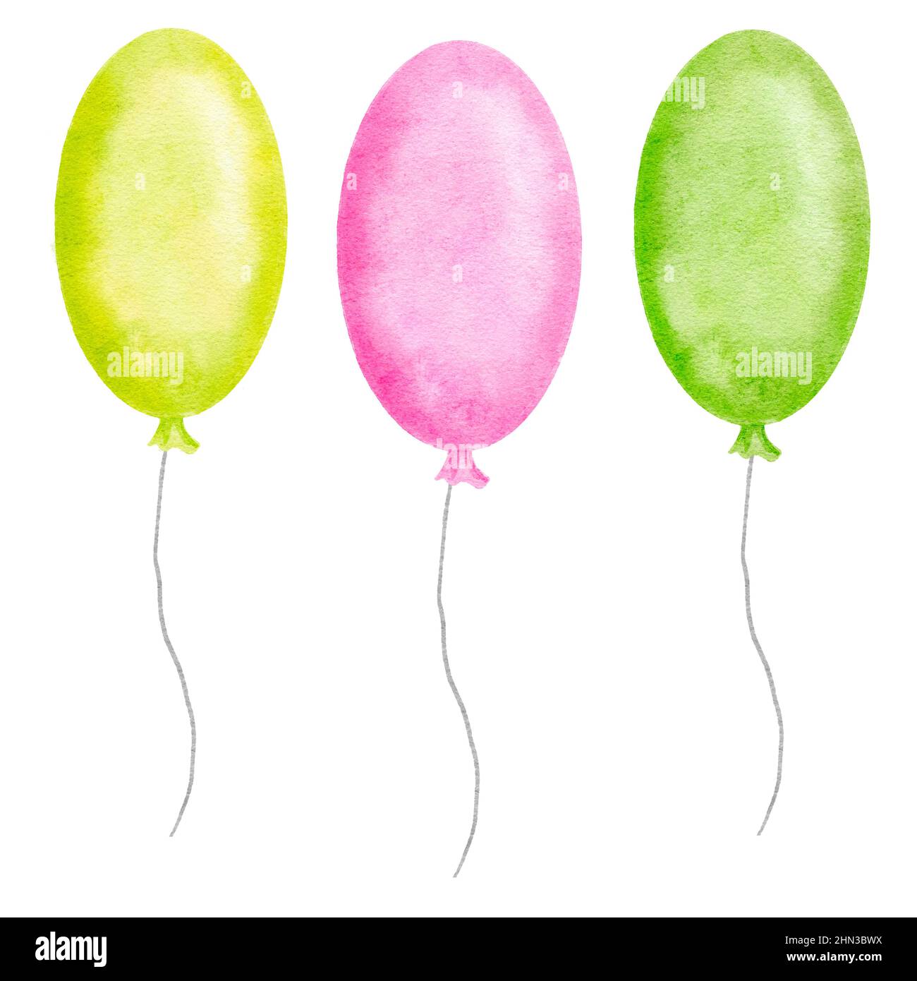 Watercolor hand drawn illsutration of green yellow pink hot air ...
