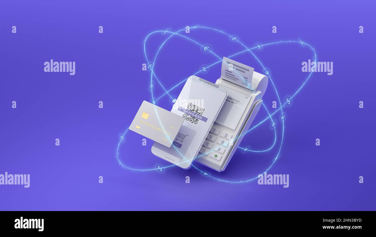 Icons of credit card with chip, POS terminal with receipt and ...