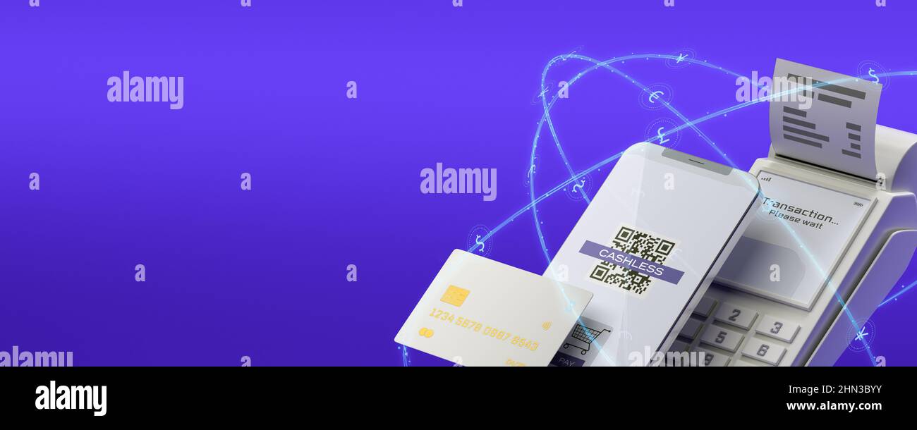 Credit card with chip. POS terminal with receipt. Smartphone with QR ...