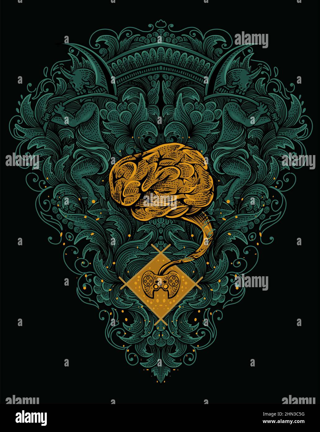 illustration brain control with two baby demon engraving ornament style ...