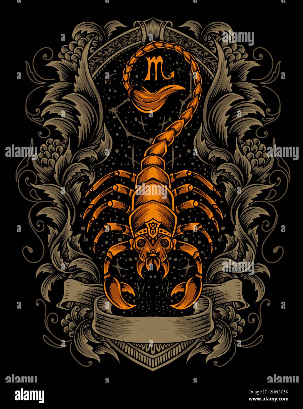 illustration scorpio zodiac symbol with engraving ornament style Stock ...