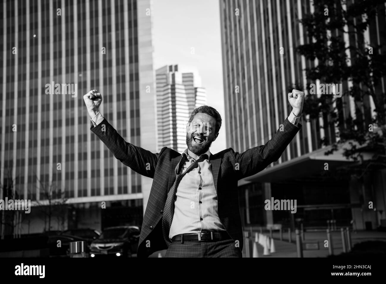 Overworked excited business man. Hard business work Stock Photo - Alamy