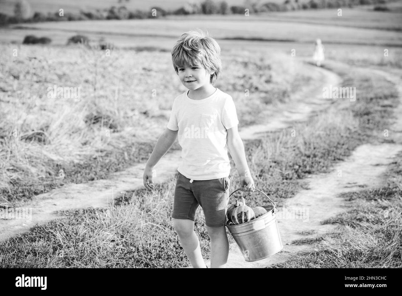 Enjoy moment. Walk on countryside. Emotional kid walk outdoors and ...