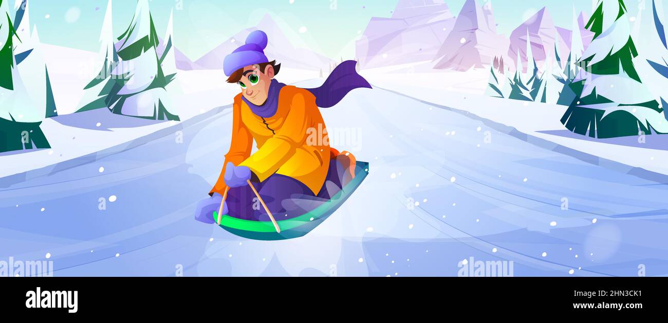 Winter sports, happy man having fun riding on sleds downhill during ...