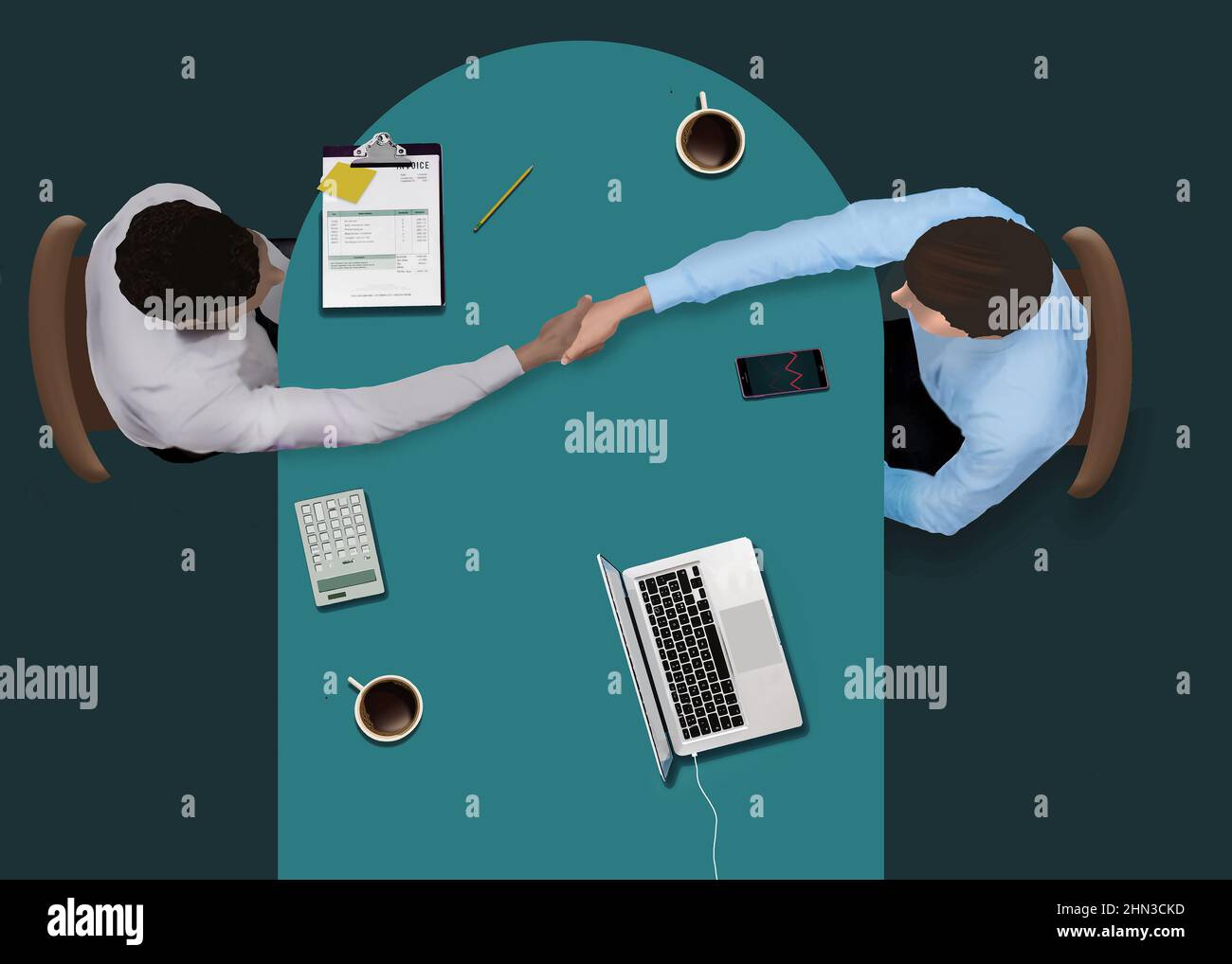 Two businessmen shake hands over a table with coffee and office related ...