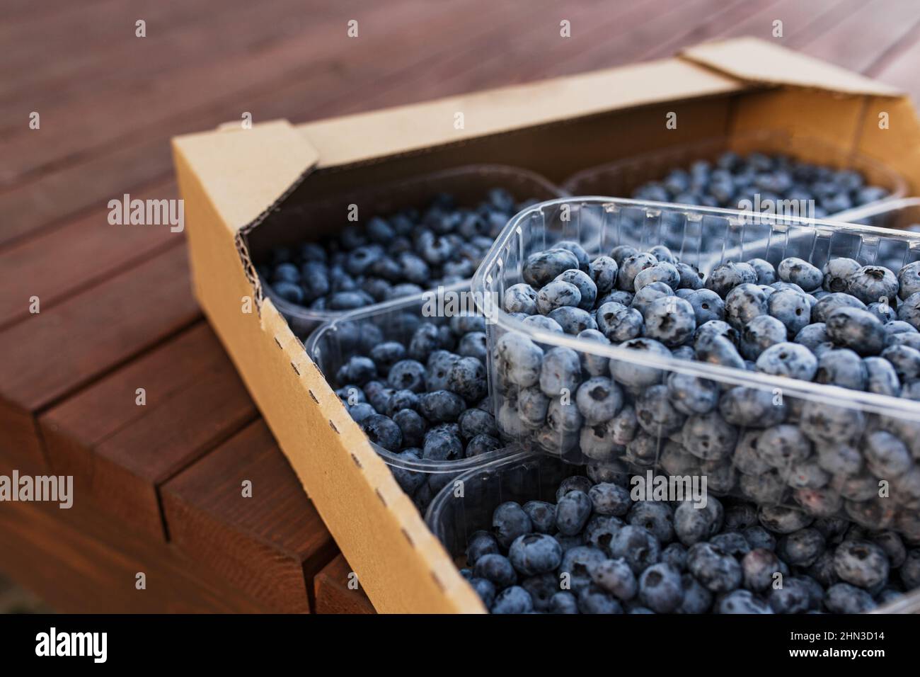 Box, crate or container with collected fresh blueberries. Berries ...