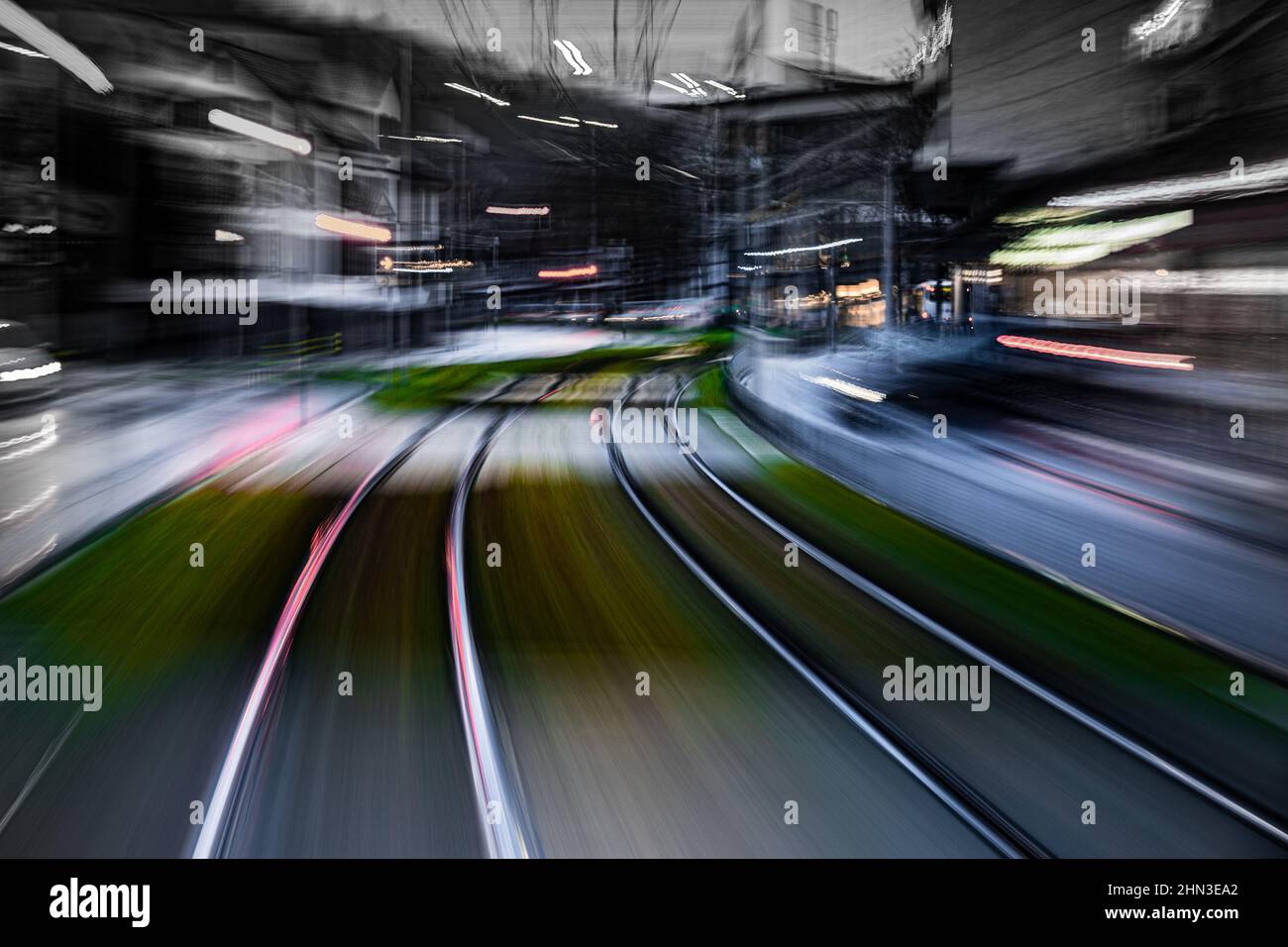 Landscape of a road surrounded by lights with long exposure in the ...