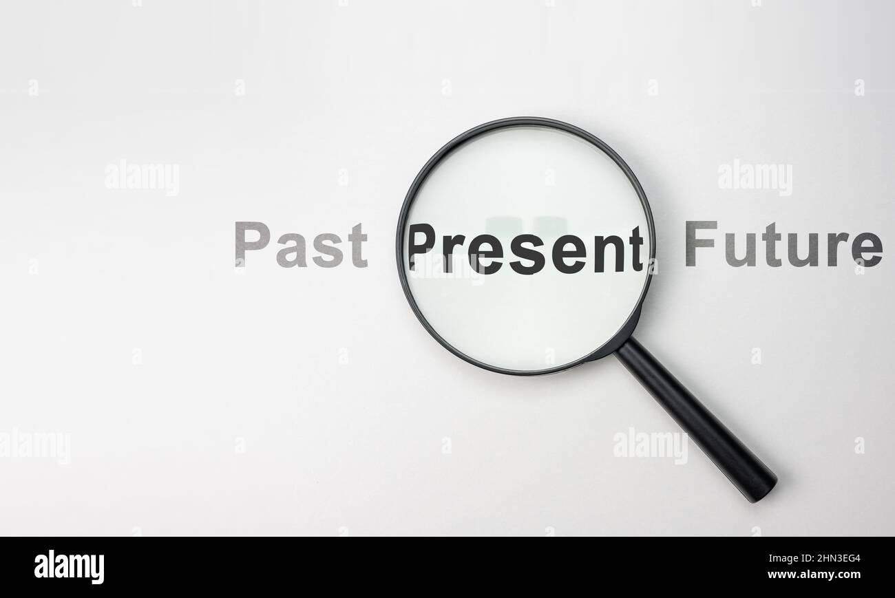 Present wording inside of Magnifier glass on white background for focus ...