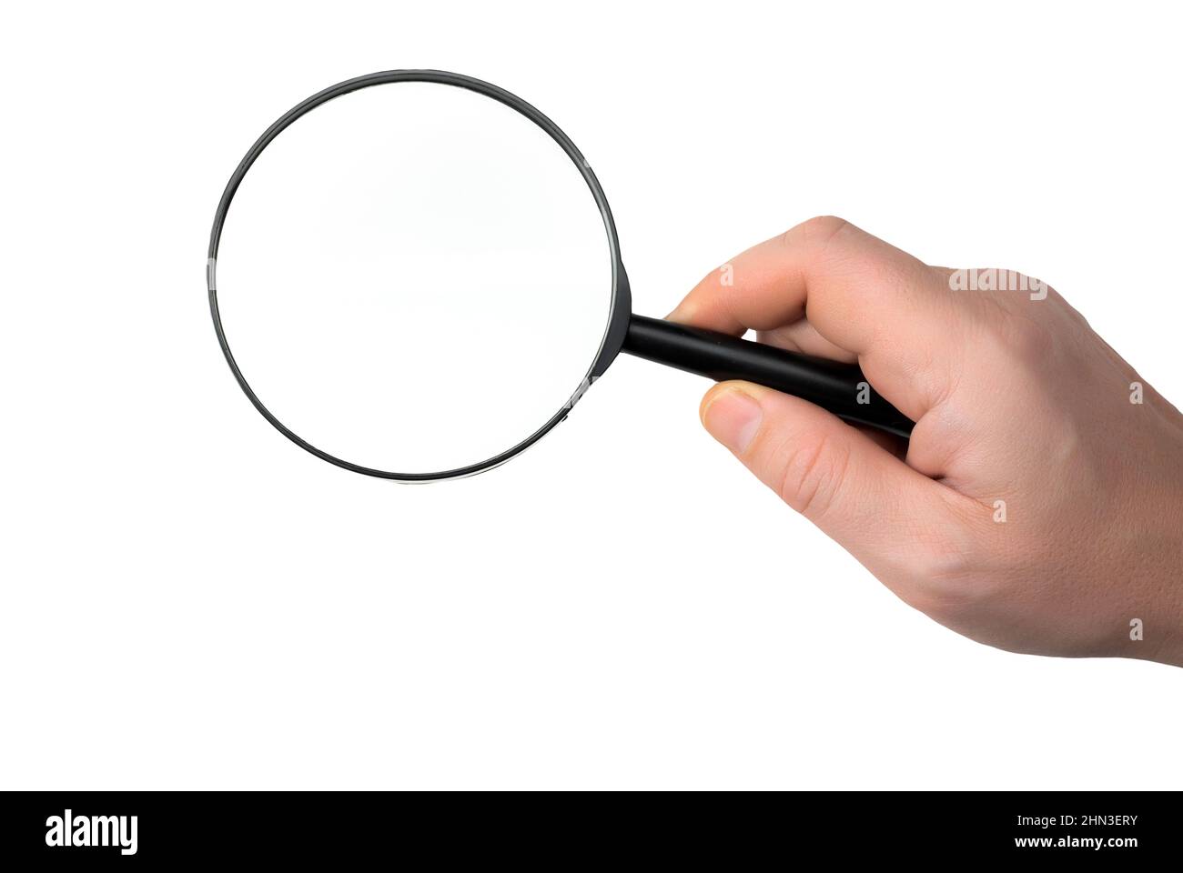 Hand holding magnifying glass isolated on white background. male hand ...