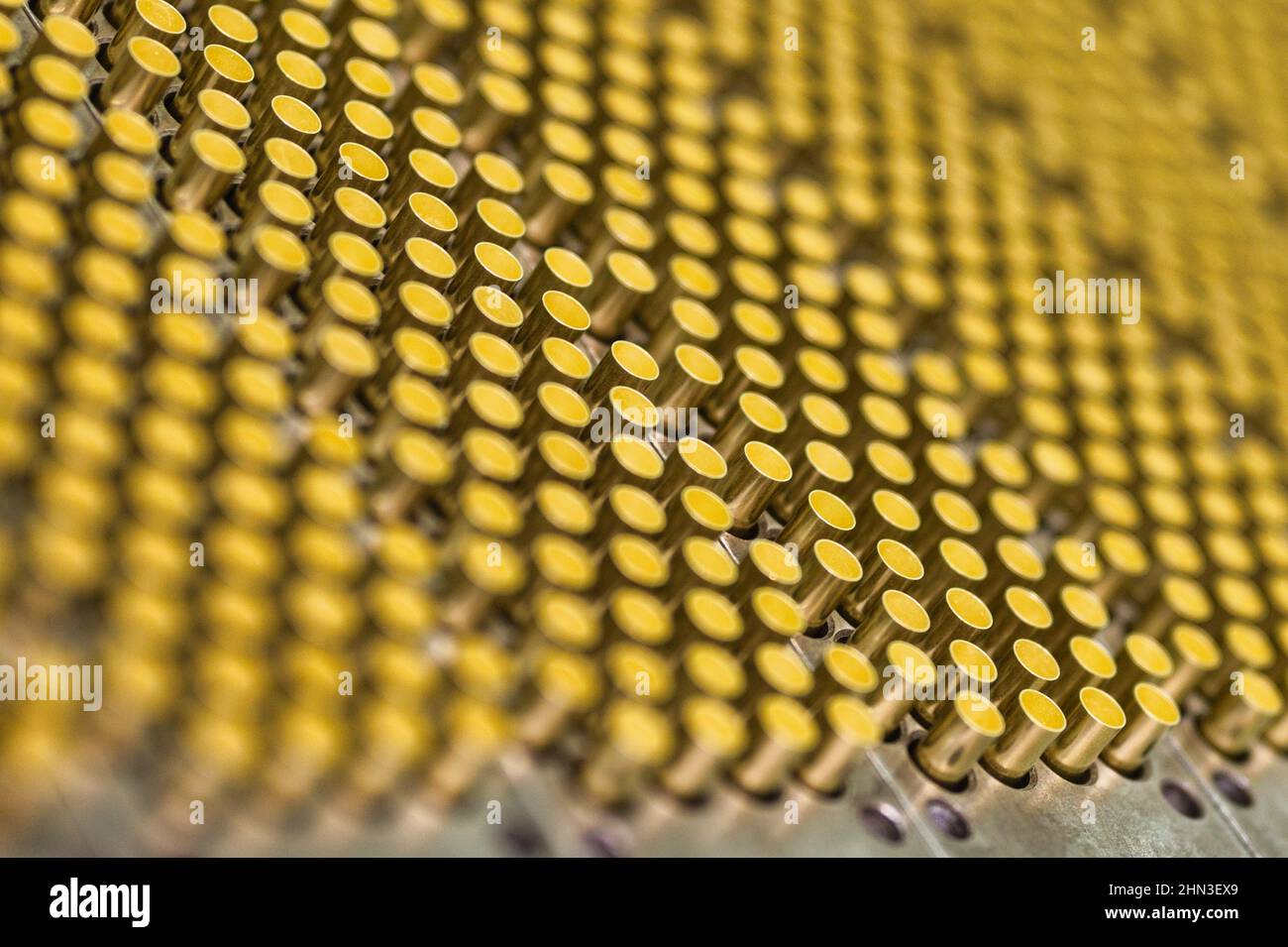 Set of golden bullet shells in metal cartridges on stand Stock Photo ...