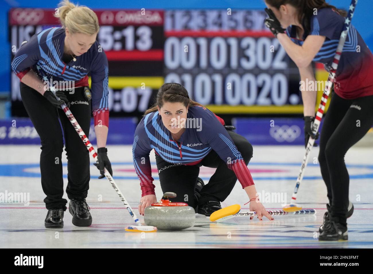 Beijing, China. 14th Feb, 2022. Becca Hamilton (C) of Team USA competes ...