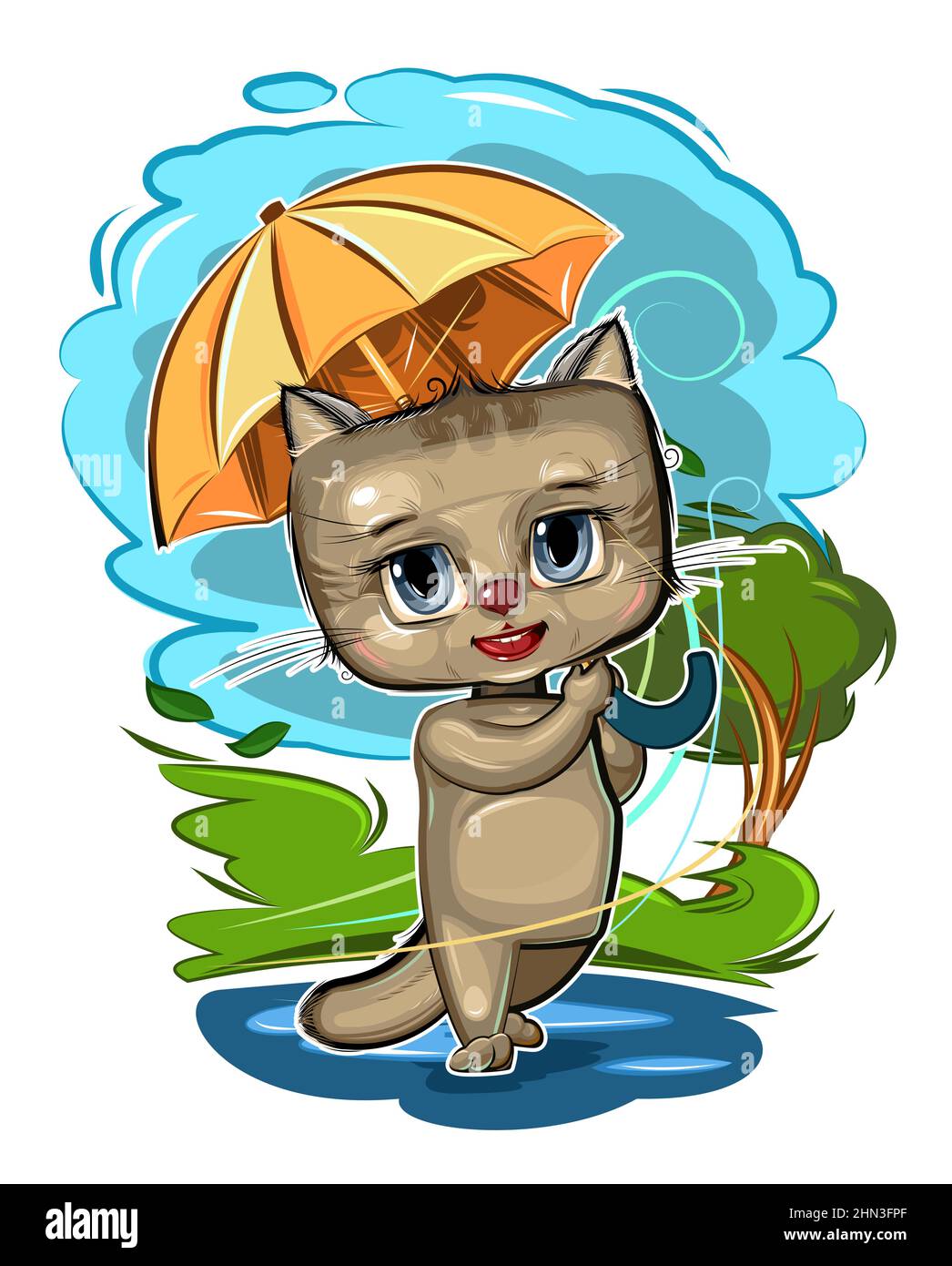A funny cute Kitten with an umbrella walks through the puddles. Wind ...
