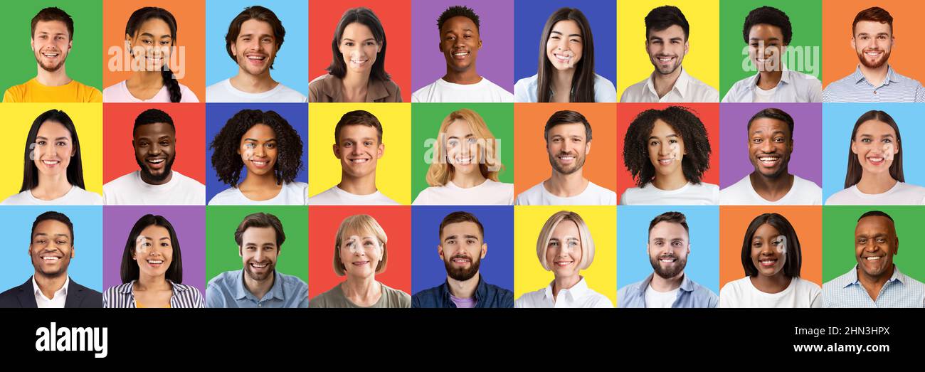 Set of multicultural people faces showing positive emotions to camera ...