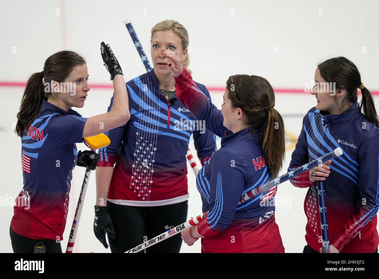 Beijing, China. 14th Feb, 2022. Tara Peterson (L) of Team USA high ...