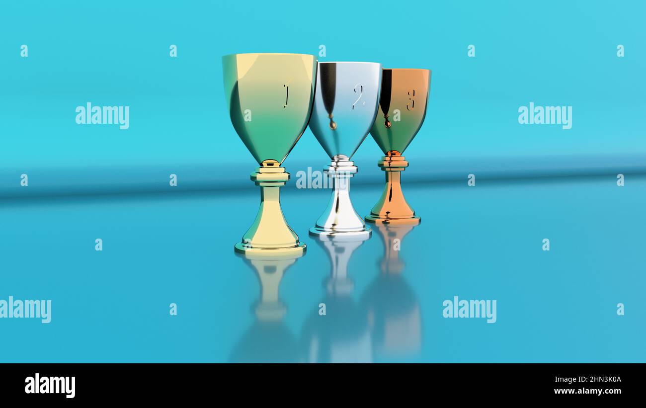 3D - rendering: Three sports cups made of gold, silver and copper on a ...