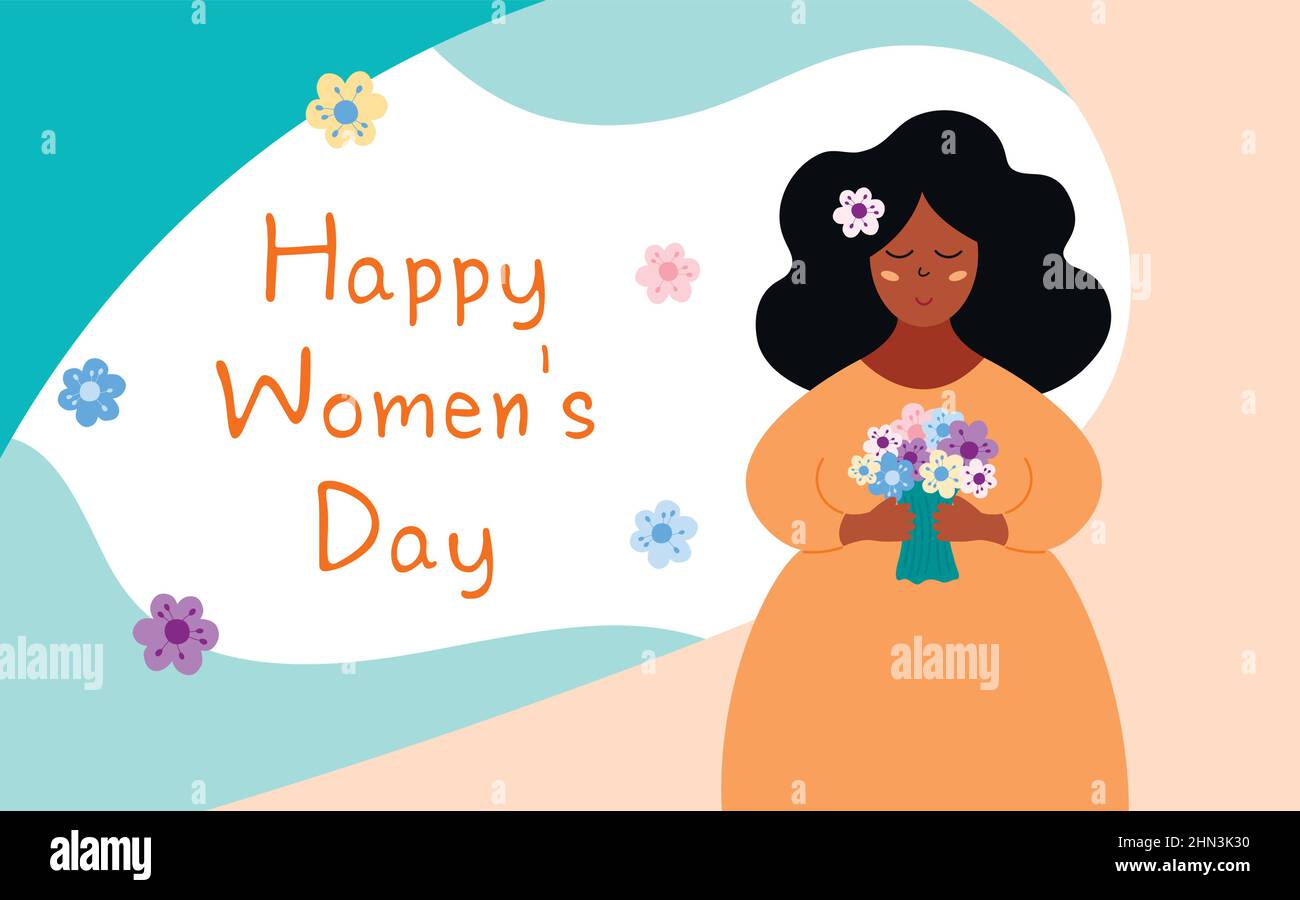 Happy Womens Day poster. Cute beautiful african american woman with ...