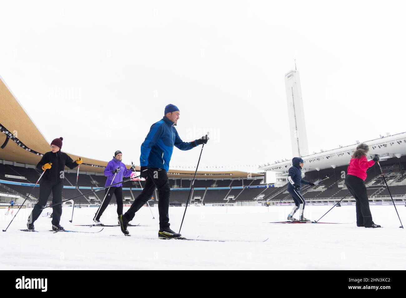 Helsinki, Finland. 13th Feb, 2022. People ski at the Olympic Stadium ...