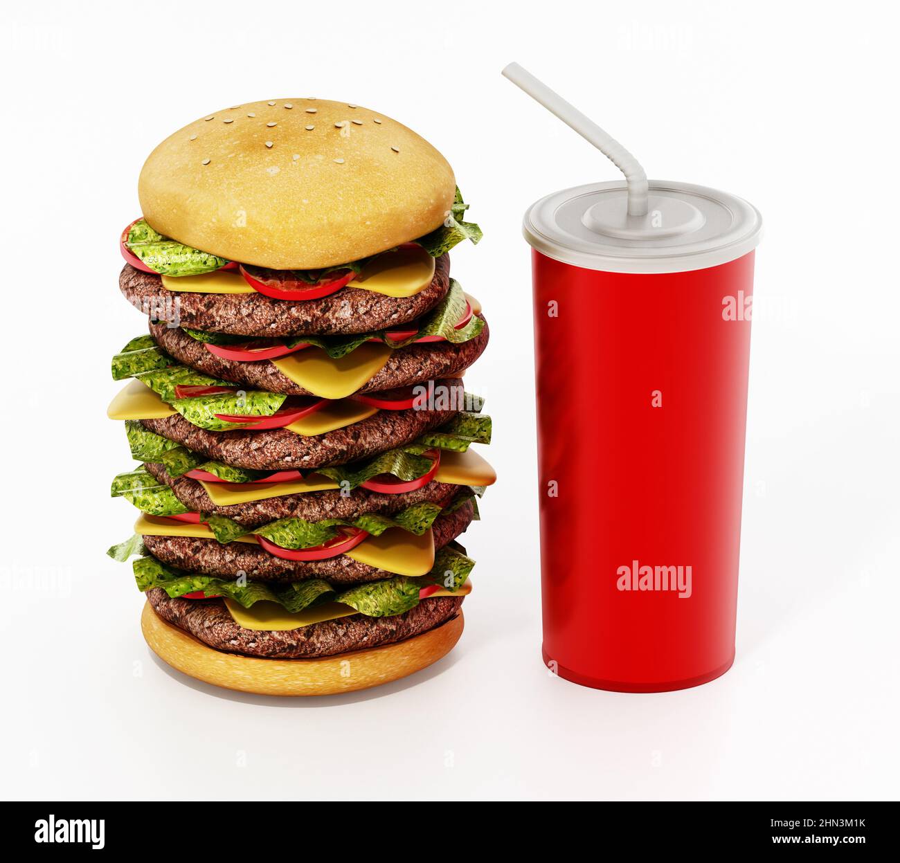Extra big hamburger and soda isolated on white background. 3D ...
