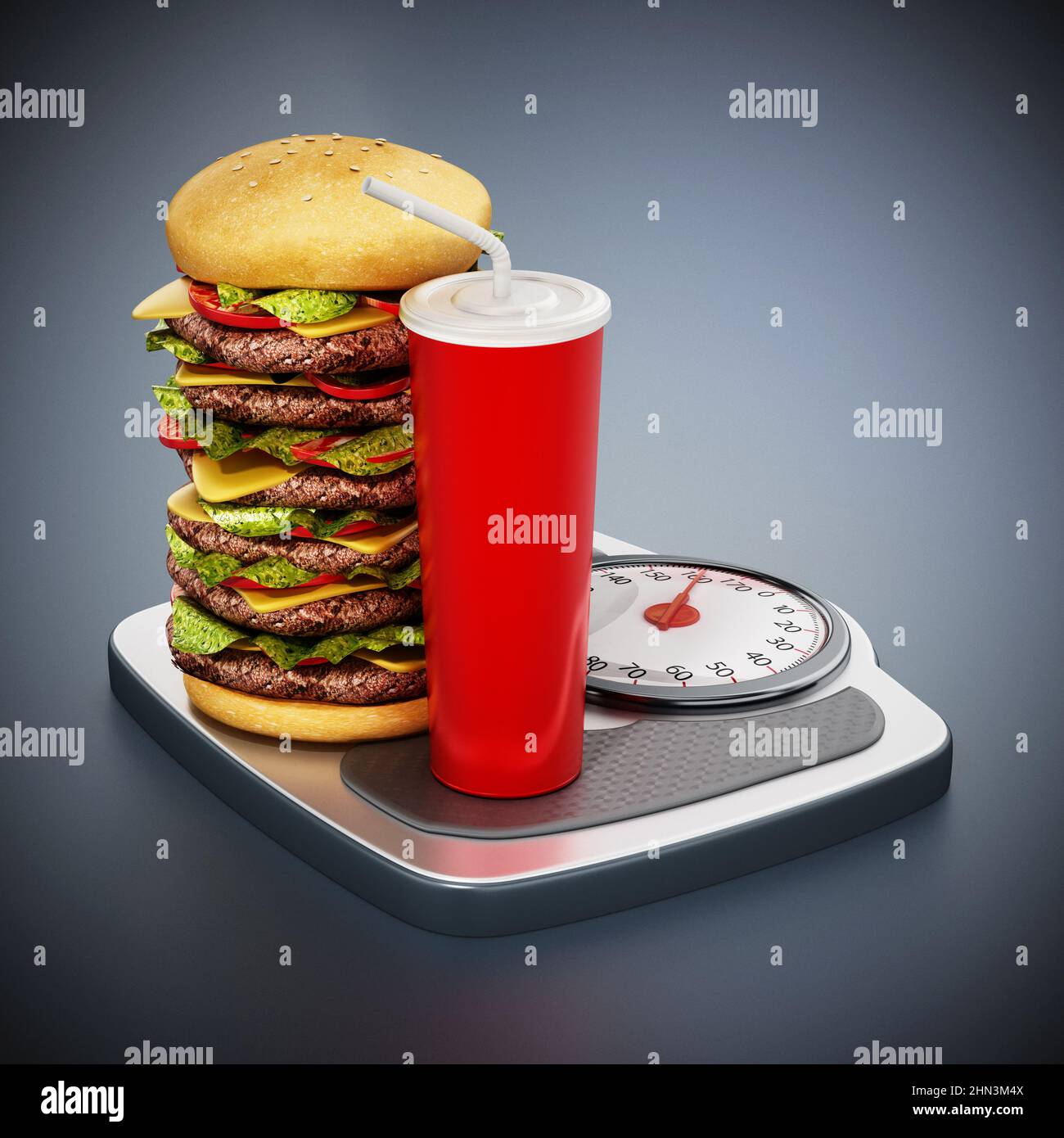 Extra big hamburger and soda standing on weight scale. 3D illustration ...