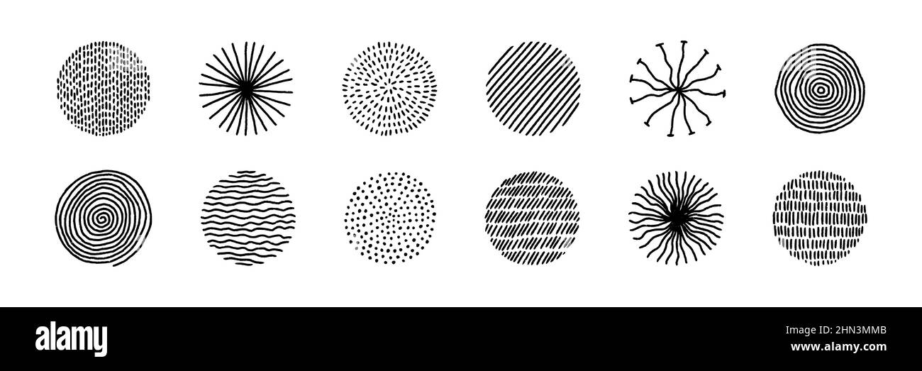 Hand drawn circles with doodle texture. Modern abstract set black round ...