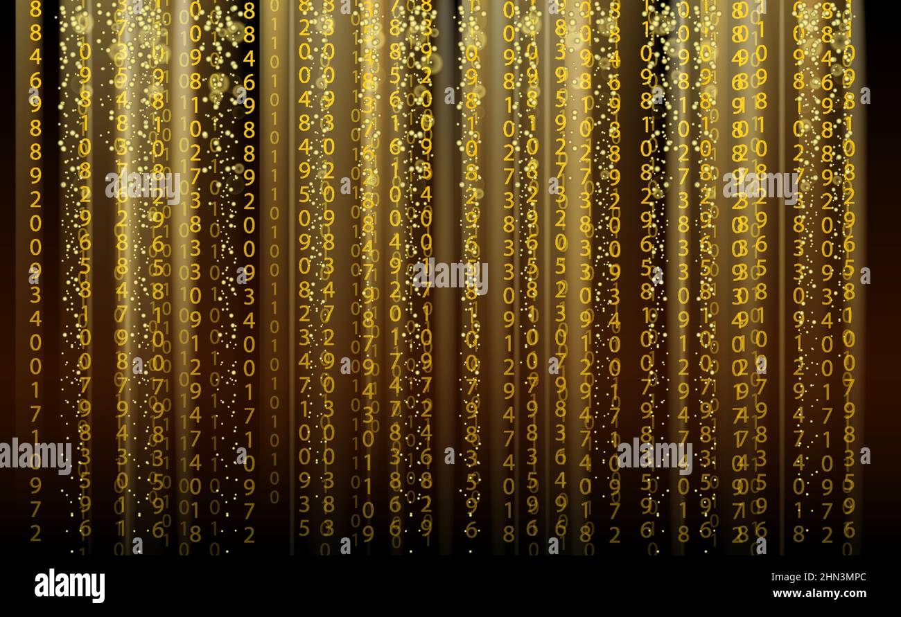 Technology abstract background, matrix style, gold color, falling numbers. Digital data flow ...