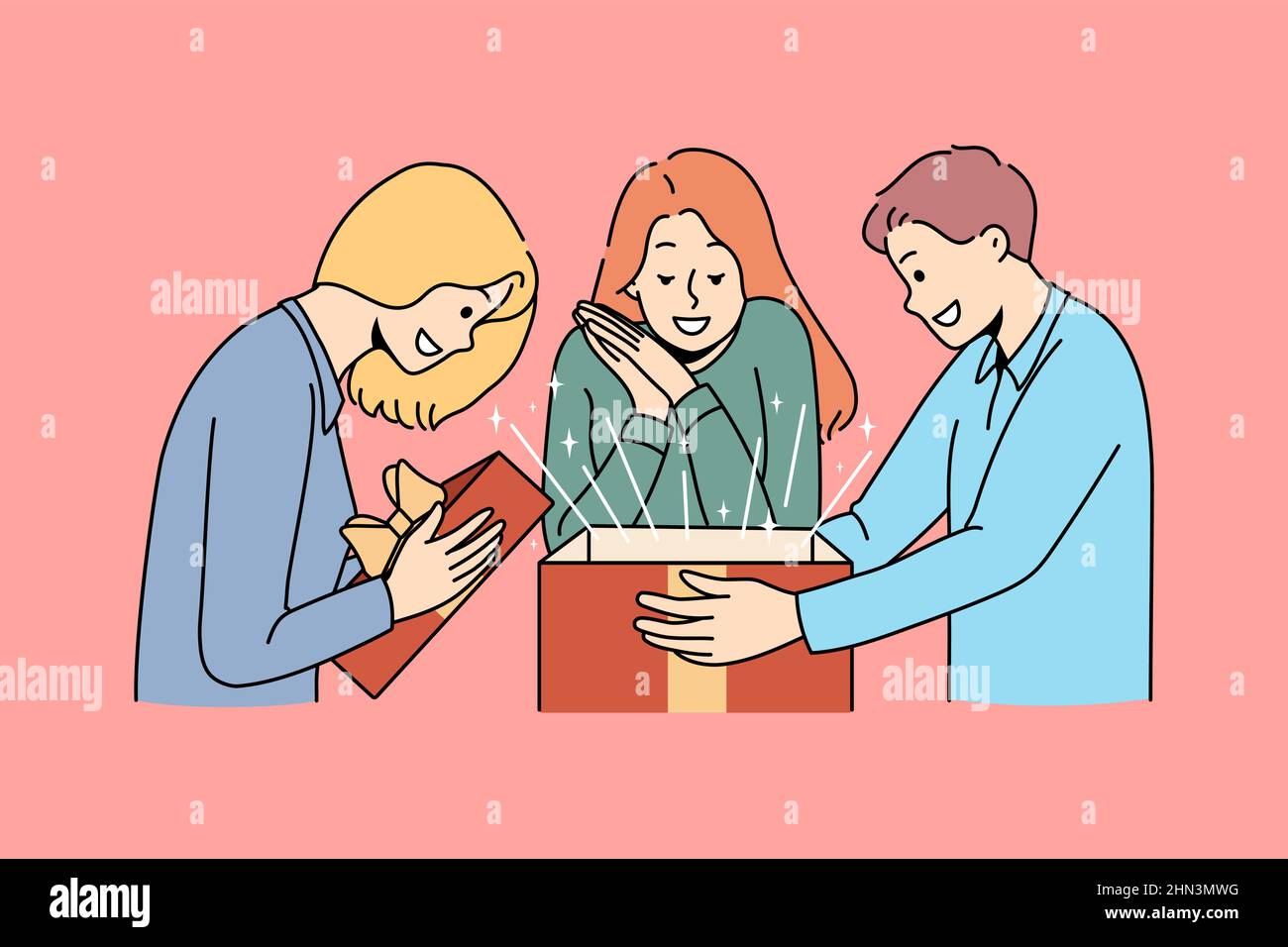 Surprise present and gift concept. Group of smiling cheerful excited ...