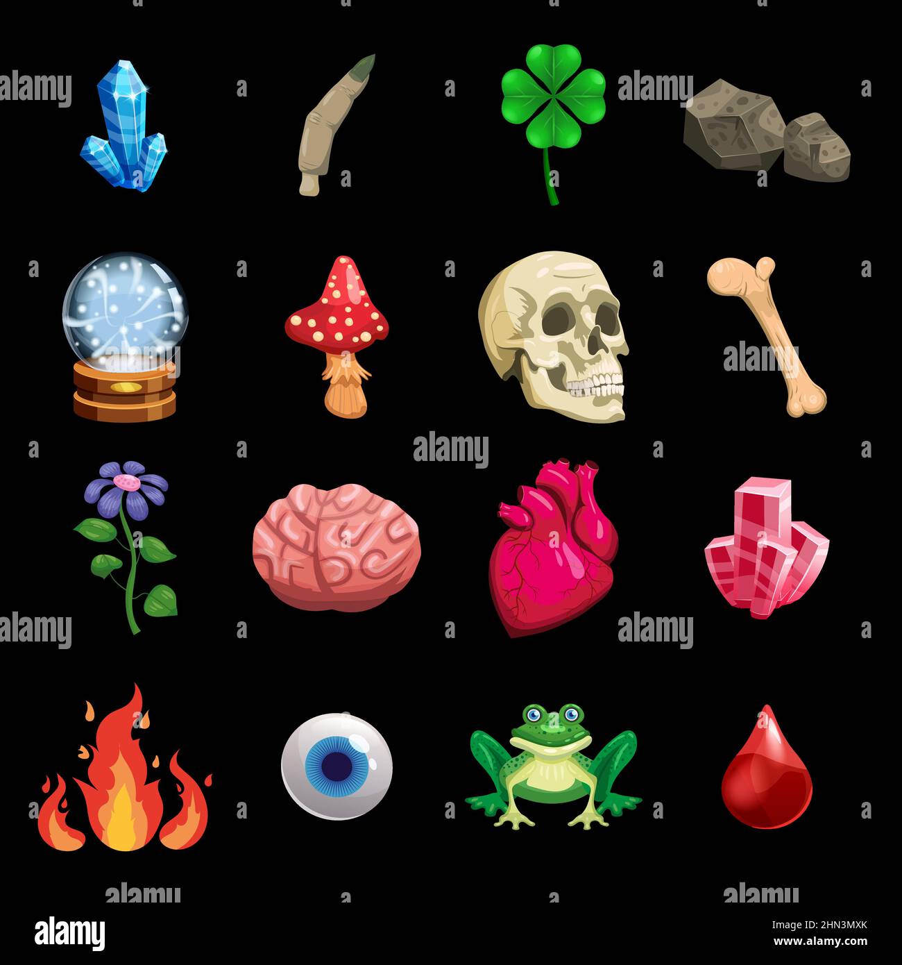 Witchcraft set magic object scull, heart, crystal, ball, eye, clover ...