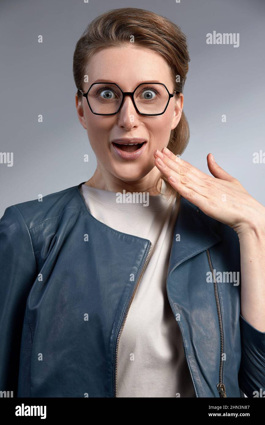 Excited Surprised Shocked Young Woman Wearing Basic Jacket Eyeglasses