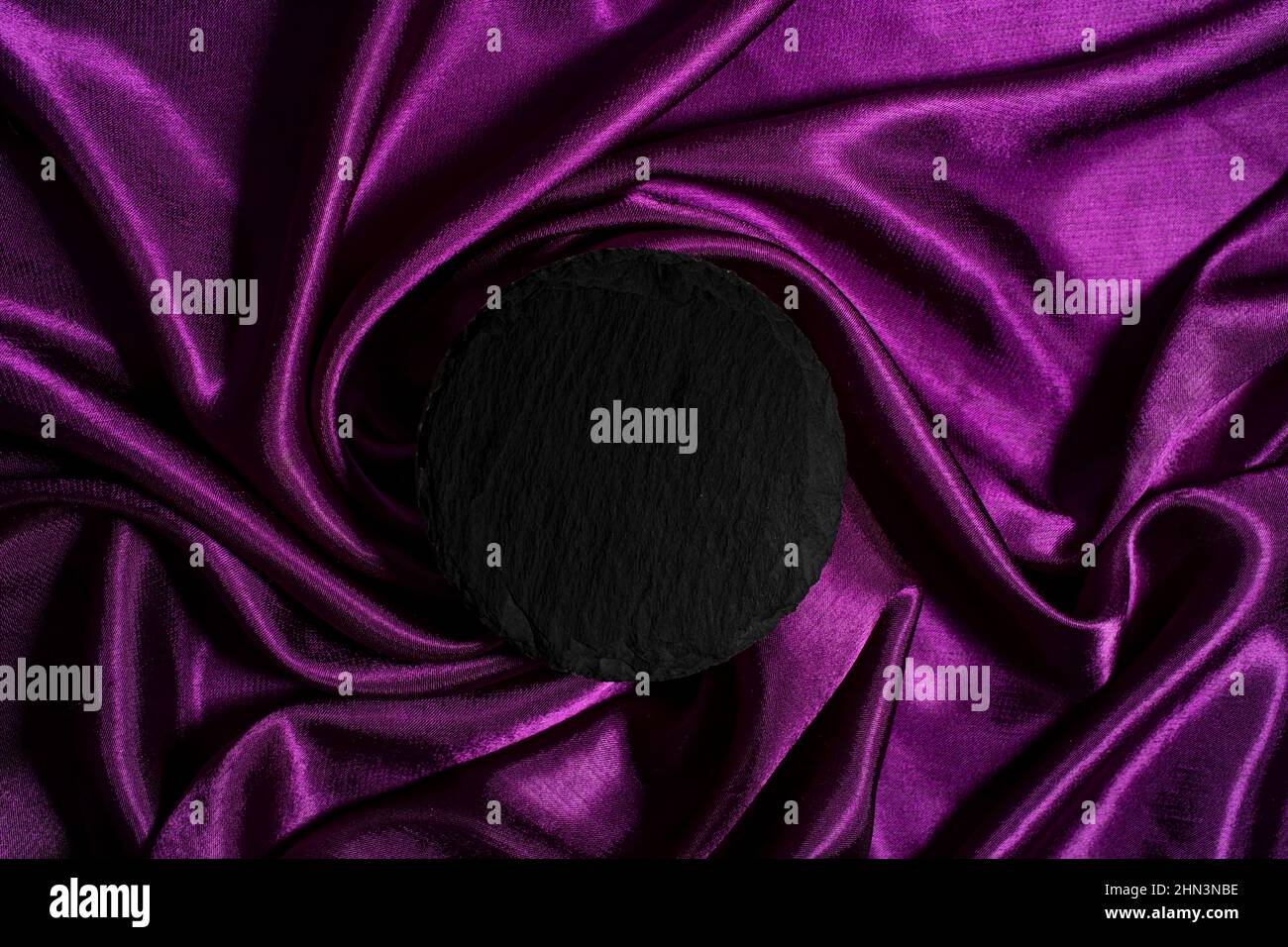 Purple product background, black stone stand or podium pedestal ...
