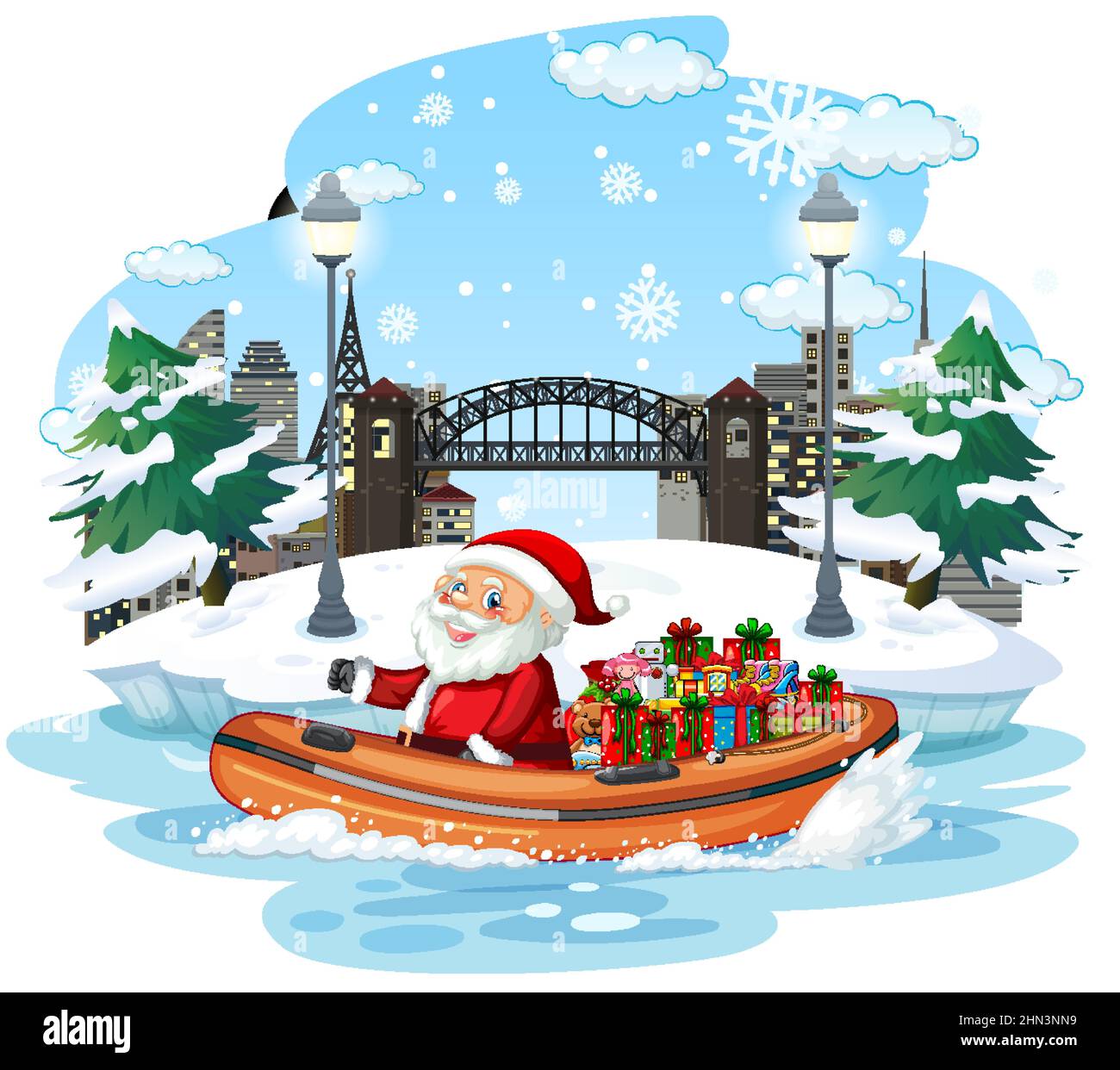 Santa Claus delivering gifts by boat illustration Stock Vector Image ...