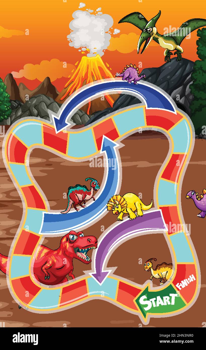 Snake and ladders game template in dinosaur theme illustration Stock ...