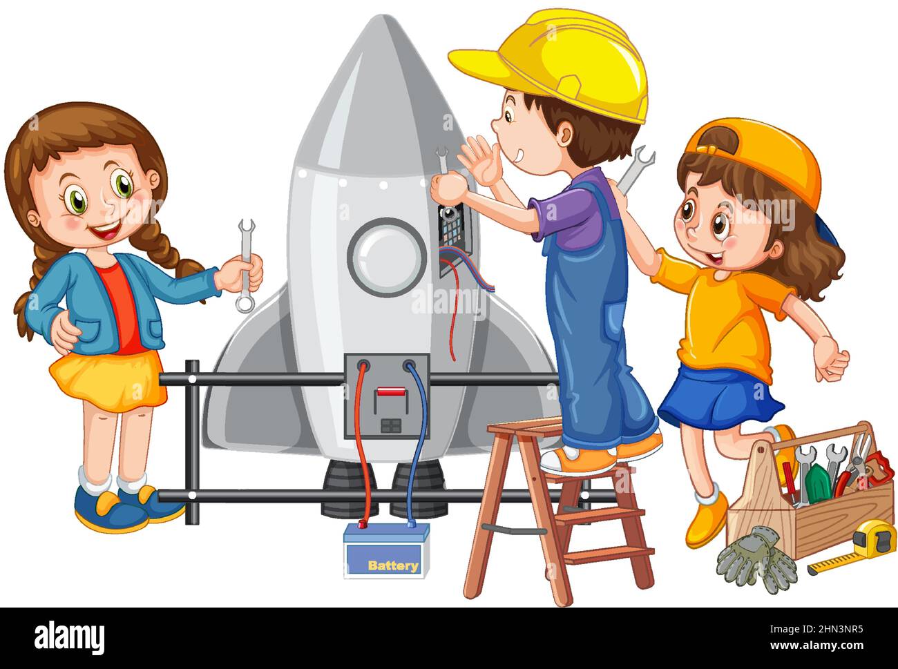 Children fixing a rocket together on white background illustration ...