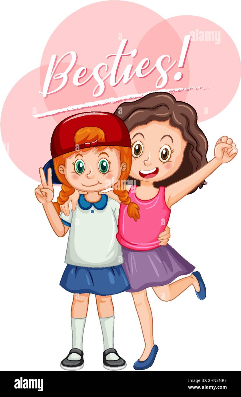 Best friend girls cartoon character with besties illustration Stock ...