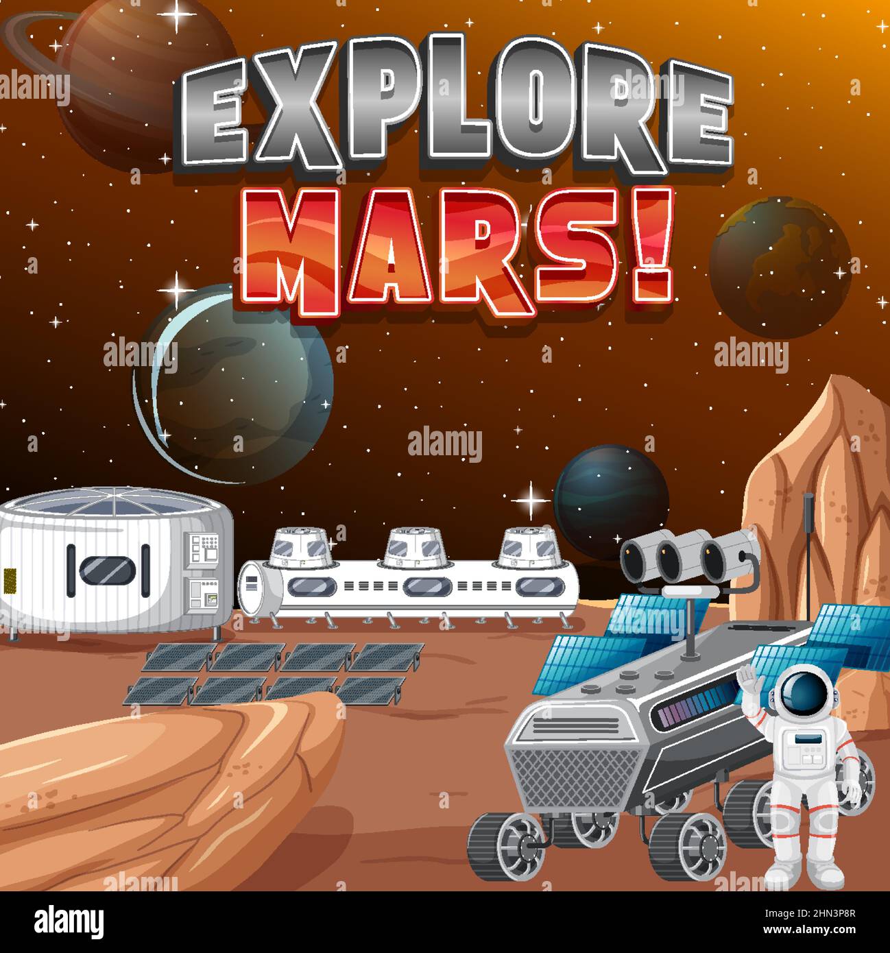 Space station on planet with Explore Mars logo illustration Stock ...