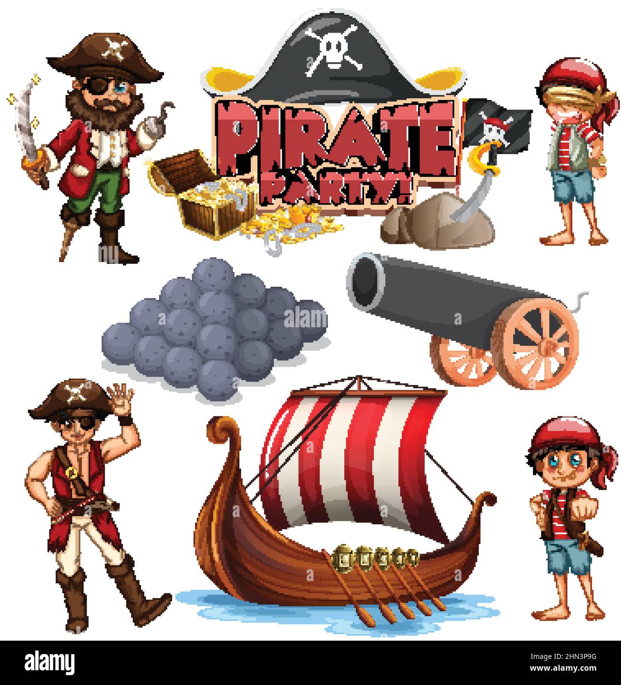 Set of pirate cartoon characters and objects illustration Stock Vector ...