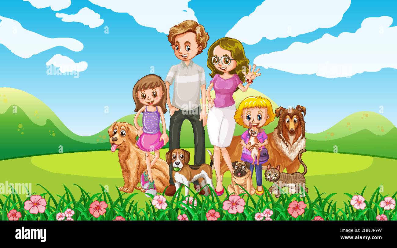 Outdoor scene with happy family and dogs illustration Stock Vector ...