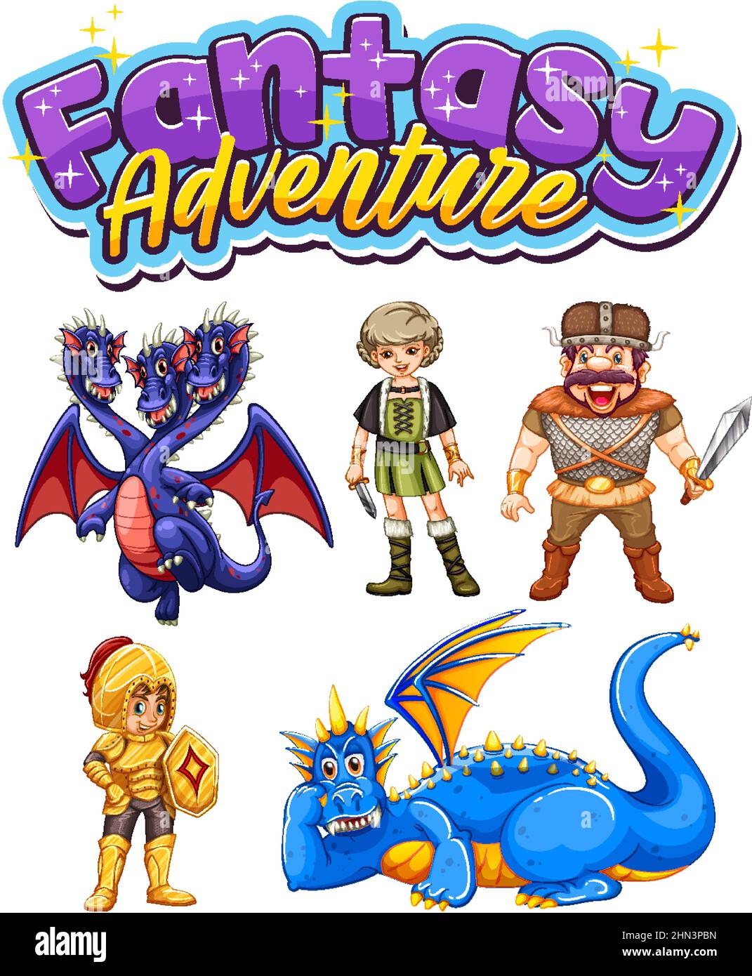 Set of dragon and fairy tale cartoon characters illustration Stock ...