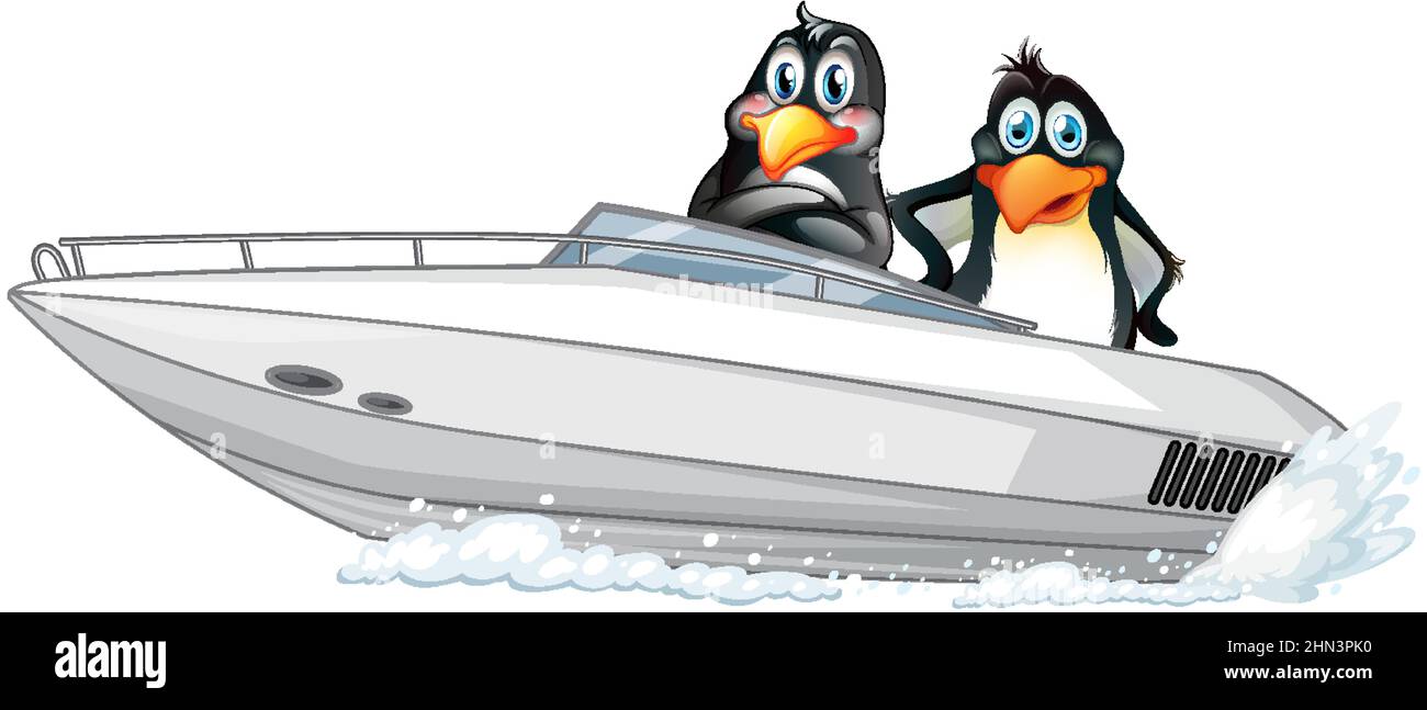 Penguins on a speed boat in cartoon style illustration Stock Vector ...