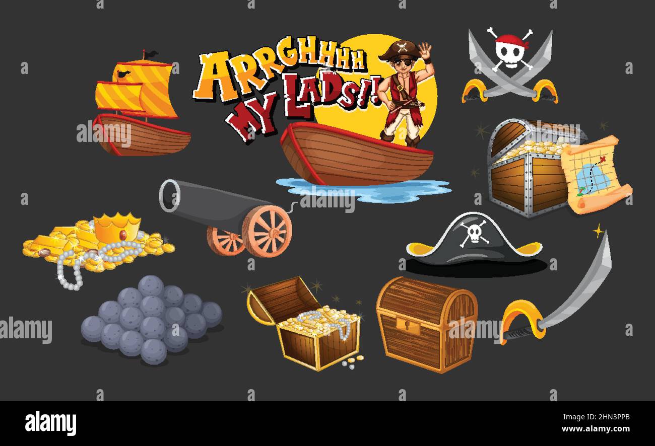 Set of pirate cartoon characters and objects illustration Stock Vector ...