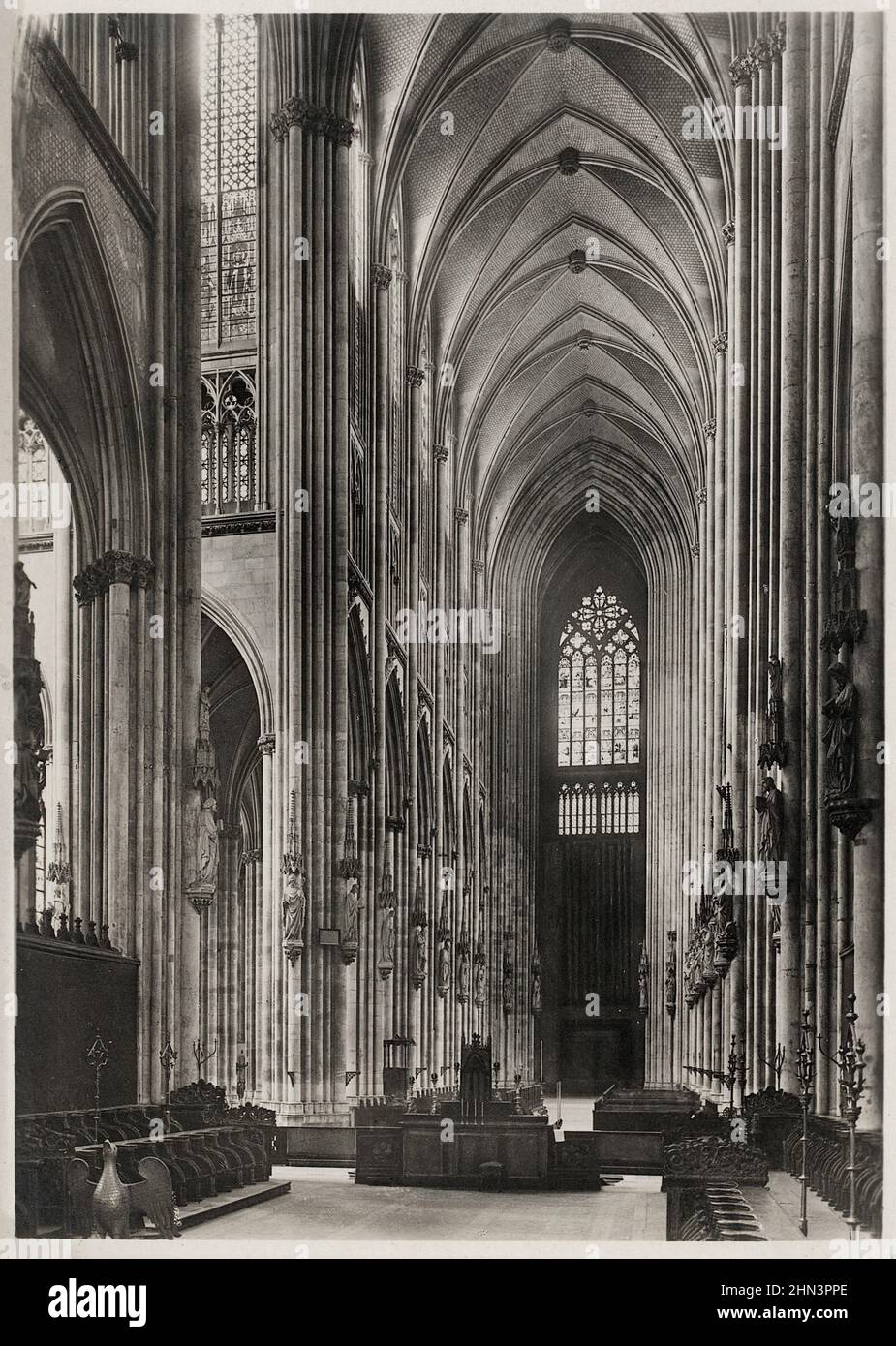 Vintage German postcard of Cologne Cathedral, middle nave from Western ...