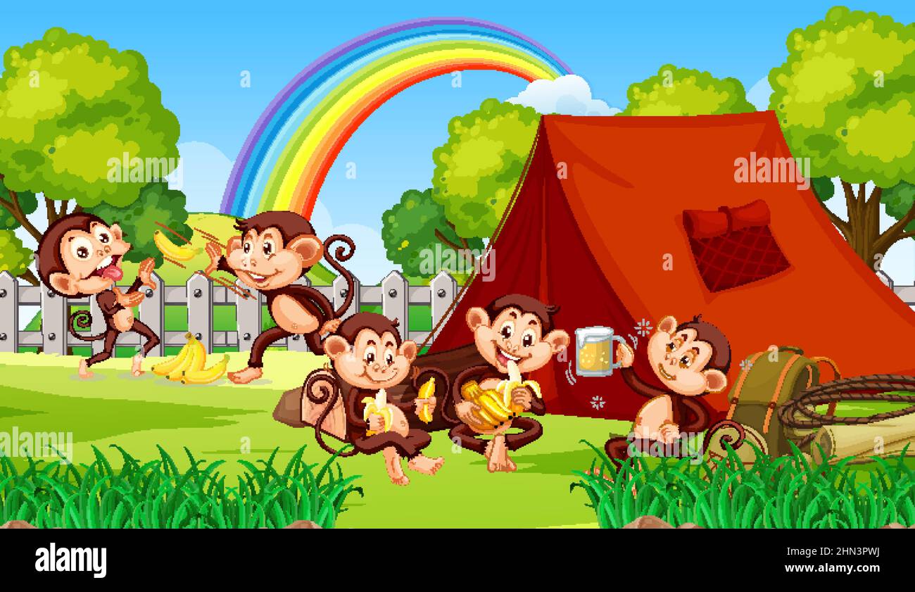 Camping scene with little monkeys doing different activities ...
