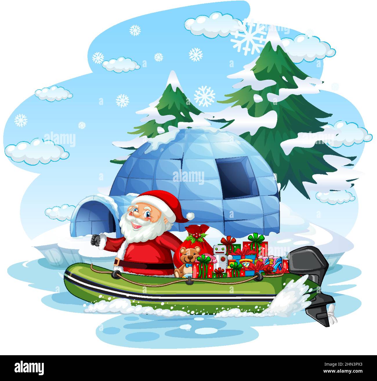 Santa Claus delivering gifts by boat illustration Stock Vector Image ...