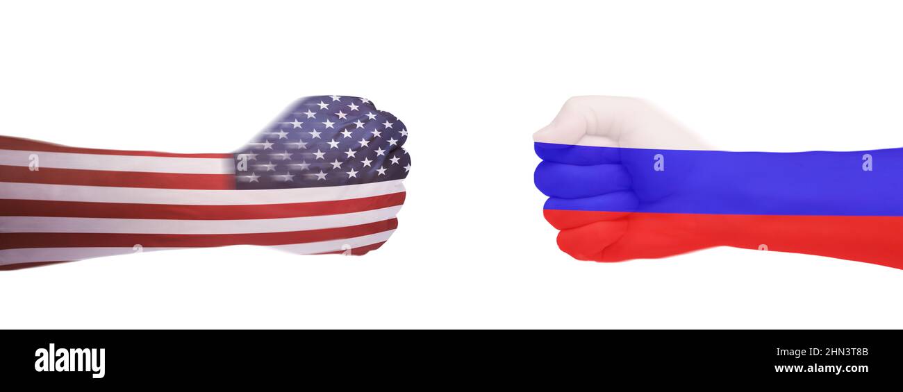 Two fist with flags United States America and Russian Federation ...
