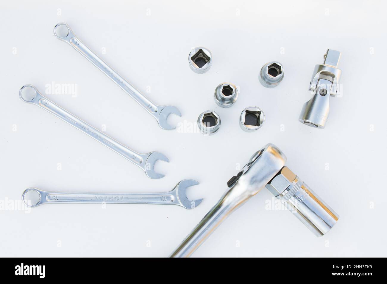 Top view Large group professional kit, different metal wrenches on the ...