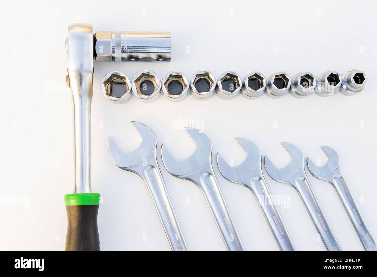 Set of wrenches and professional kit on a white background Stock Photo ...