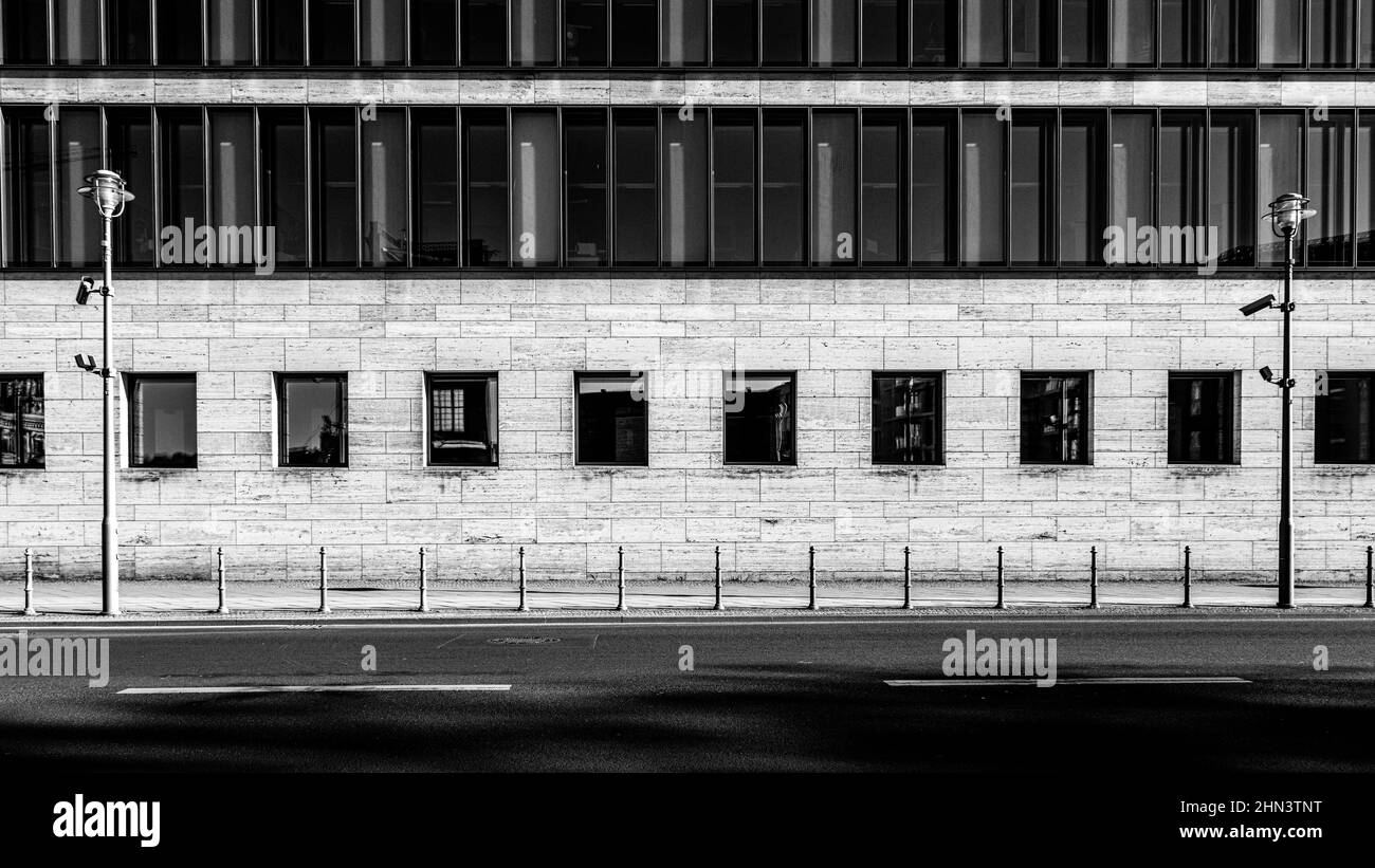 Beautiful grayscale view of a facade exterior of a horizontal building ...