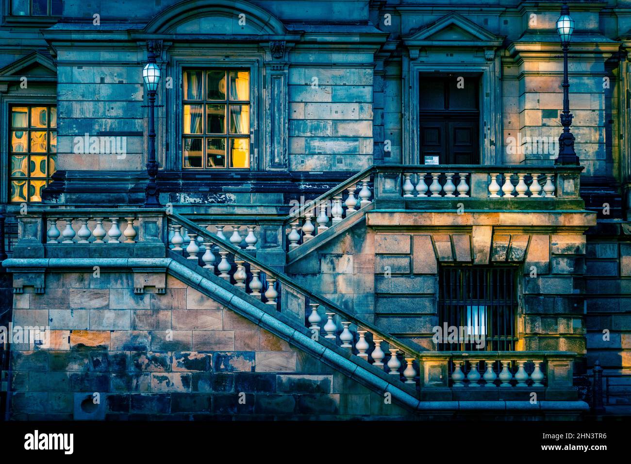Beautiful facade view of an old stone building with brick walls and ...